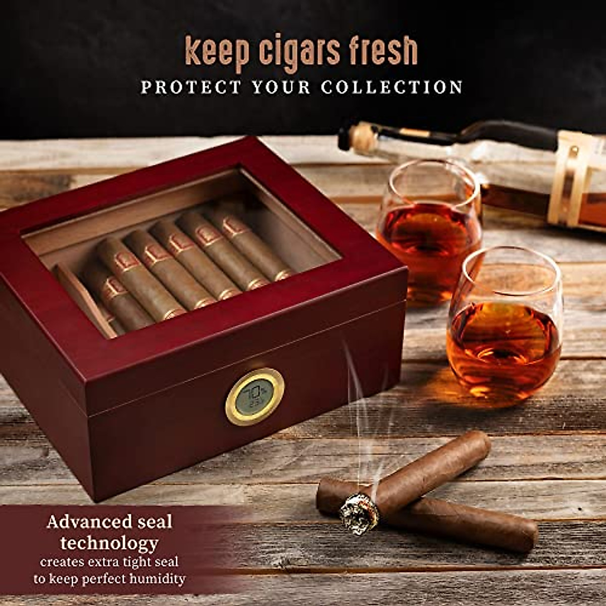 Mantello Humidor Cigar Box, Royal Glass-Top Cigar Humidors- Gifts for Men - Cigar Humidor Box for 25-50 Cigars with Digital Hygrometer & Divider - Spanish Cedar Wood Interior, Rich Cherry Finish
