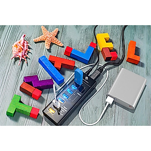 SmartDelux Powered USB Hub - USB 3.0 Ports Hub with 3 Smart Charging Ports, Power Adapter, Long Cord, LEDs (7-Port USB Hub)