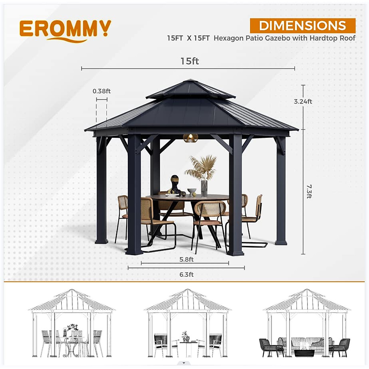 EROMMY 15' x 15' Hardtop Gazebo, Outdoor Wood Looking Aluminum Hexagon Gazebos with Galvanized Steel Roof for Patio, Backyard, Deck and Lawns