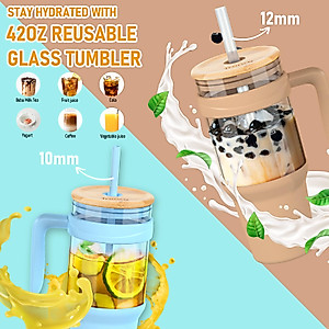 Tronco 40 oz Glass Tumbler with Handle, Reusable Glass Tumbler with Straw and Lid, Iced Coffee Cup with Bamboo Lid, Glass Water Bottles Fit in Cup Holder, Smoothie Cup