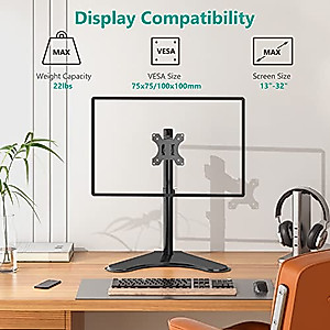 WALI Single Monitor Stand, Adjustable Monitor Stand for One Screen up to 32inch, Universal Freestanding Monitor Stand for hp acer lg Monitor with monting Holes 75 to 100mm (MF001),Black