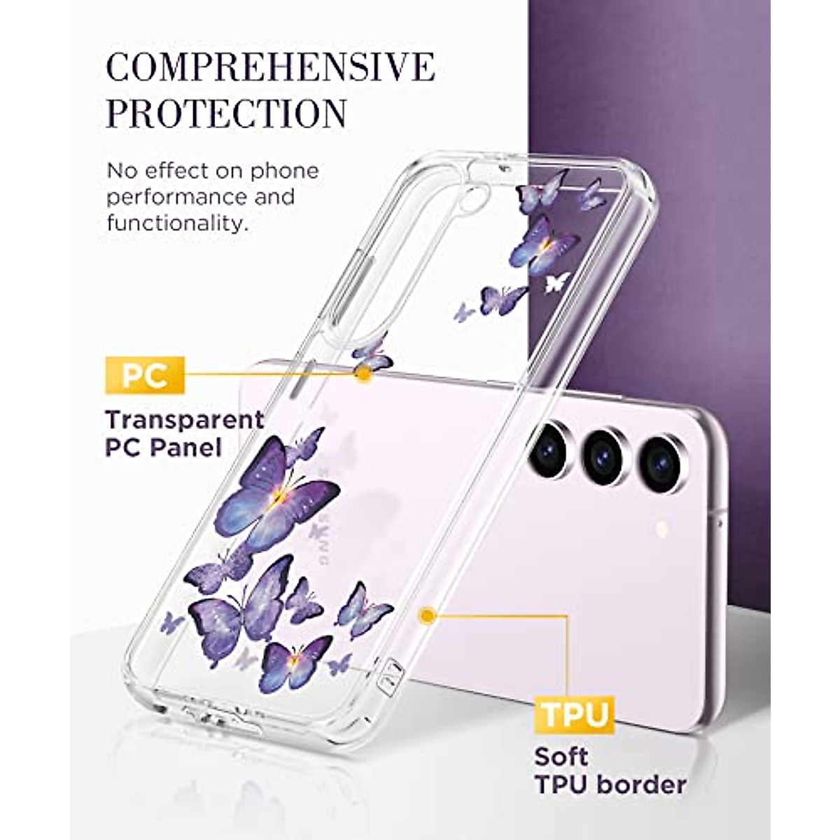 GVIEWIN Compatible with Samsung Galaxy S23 Plus Case with Screen Protector+Camera Lens Protector, Slim Shockproof Clear Floral Pattern Phone Protective Cover for Women 6.6" (Alluring Butterfly/Purple)