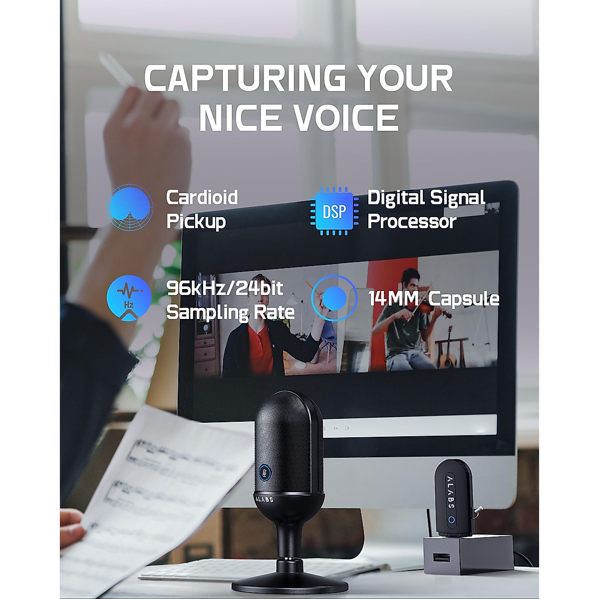 ALABS USB Wireless Cardioid Condenser Microphone for Podcast,Gaming and Home Office,100ft Signal Transmission Distance,Streaming Mic with LED Quick Mute Indicator and Noise Cancelling for PC,Mac