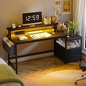 EnHomee 56.5" Computer Desk with Power Outlets,Home Office Desk with Fabric File Cabinet,Study Writing Gaming Desk with Monitor Shelf,Work Table with Printer Space,Black