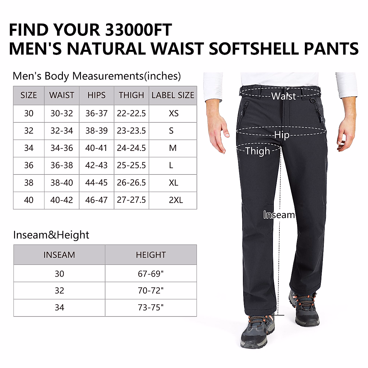 33,000ft Men's Winter Snow Ski Fleece Lined Pants Warm Waterproof Softshell Insulated for Snowboard Outdoor Work Hiking