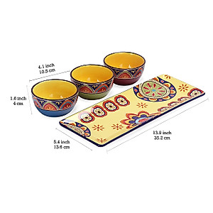 Bico Vintage Tunisian Ceramic Dipping Bowl Set (9oz bowls with 14 inch platter), for Sauce, Nachos, Snacks, Microwave & Dishwasher Safe