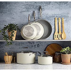 Goodful Ceramic Nonstick Cooking Set, Titanium-Reinforced Premium Non-Stick Coating, Dishwasher Safe Pots and Pans, Tempered Glass Steam Vented Lids, Stainless Steel Handles, 12-Piece, Cream