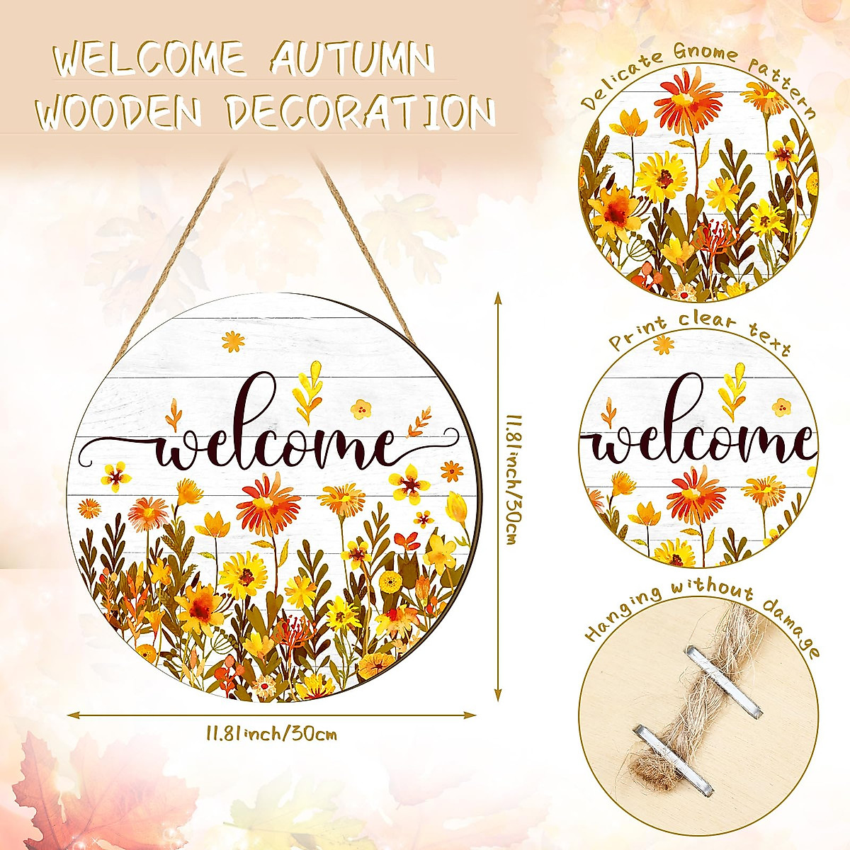 Thanksgiving Floral Door Sign Decor Hello Fall Front Door Sign Thanksgiving Floral Welcome Hanging Plaque Rustic Autumn Round Hanging Sign for Outdoor Porch Home Decoration