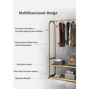 MAIKAILUN 2- layer Clothing Rack Gold,Modern Industrial Clothes Rack for hanging Clothes with Top Rod and Bottom Shelves, Multi-functional Heavy Duty Garment Rack Cloest Organizer and 6 Hooks (59")