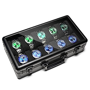 RIGICASE 10 slots Aluminum watch case for men, Luxury watch display storage organizer box with clear window, matt black metal watch cabinet fit watches up to 55mm face