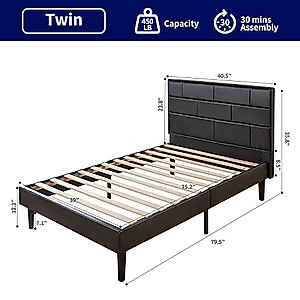 subrtex Bed Frame Twin Size with Headboard,Upholstered Faux Leather Mattress Foundation Platform with Solid Wood Slat Support,No Box Spring Needed,Noise-Free,and Easy Assembly Black