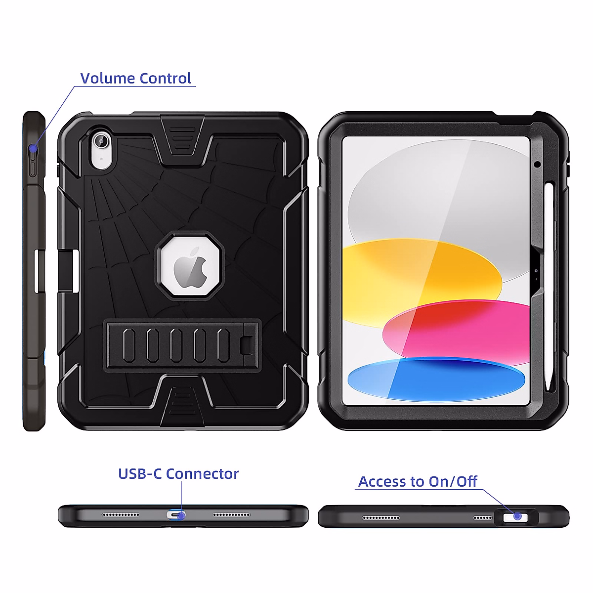 SIBEITU iPad 10th Generation Case 10.9 Inch 2022 with Pen Holder, Rugged Shockproof iPad 10 Case for Kids with Kickstand, Heavy Duty Protective Cover for iPad 10th Gen A2696/A277 | Black