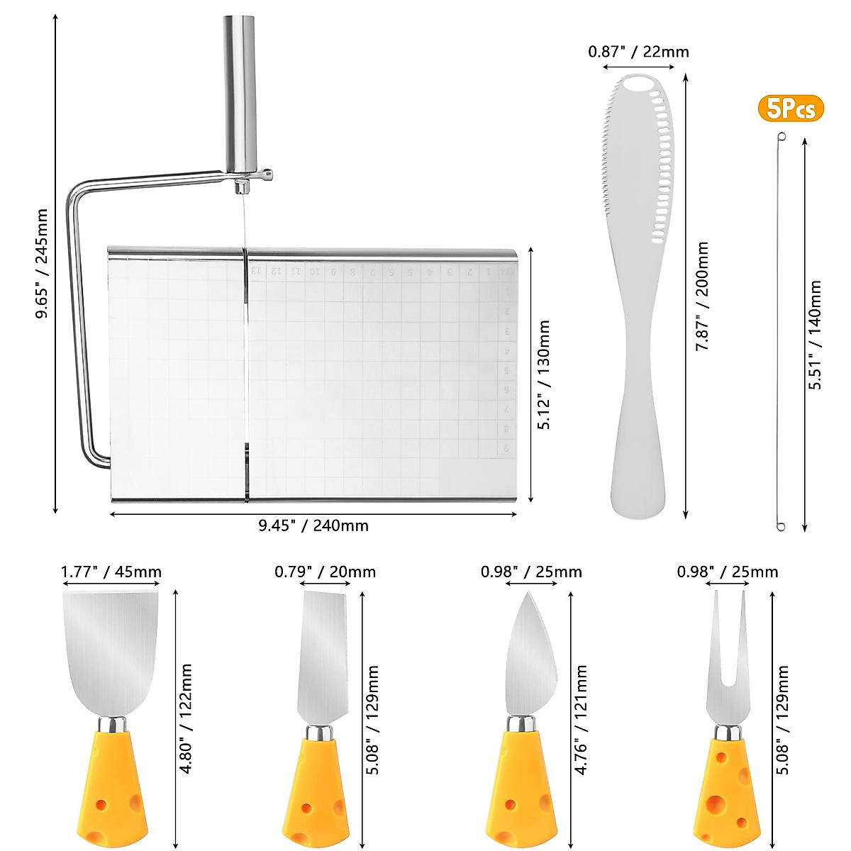 Stainless Steel Cheese Slicer with Accurate Size Scale Includes Wire Cheese Slicer, 5 Replacement Wires Cheese Cutters and 4 Mini Stainless Steel Cheese Knives Butter Knife & Fork for Cheese Butter