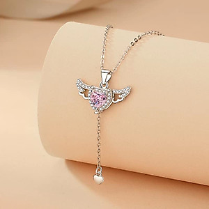 Keopun Pink Crystal Angel Wings Heart Pendant Necklace, 925 Sterling Silver Angel Wings Necklace with Swing Wings, Angel Necklaces for Women (2Pcs)