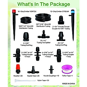 JAYEE 130FT Drip Irrigation Kit, Garden Irrigation System with Drip Nozzle Emitters,Drip Irrigation Tubing and Drip Irrigation Parts, Automatic Watering System for Potted Plants,Greenhouse,Lawn