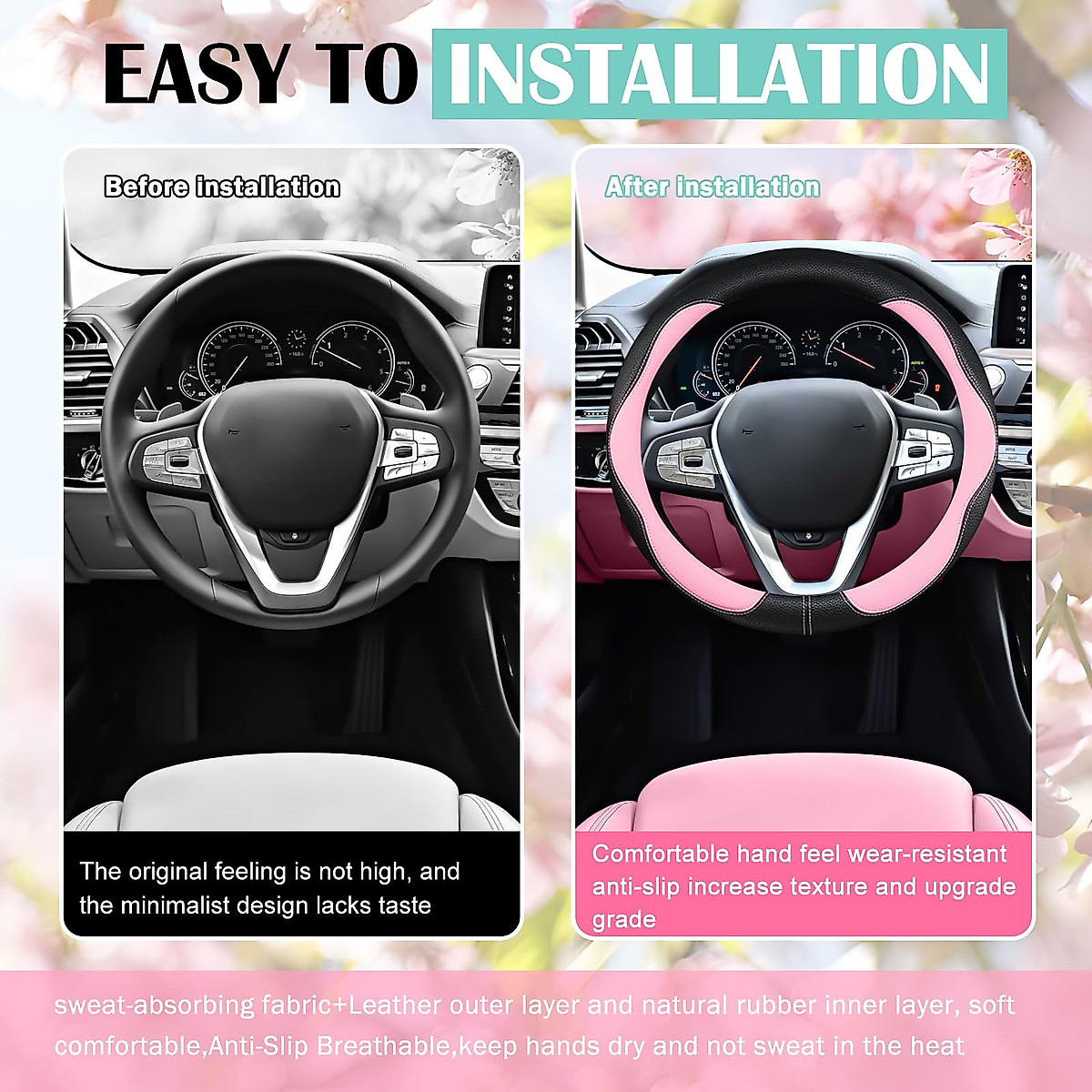 SuperKaKa Car Steering Wheel Cover 2025, Universal Auto PU Cute Breathable Slip-Proof Comfort Imitation Leather Protector Cars Interior Accessories for Women Men Fit Most Vehicle (Pink)