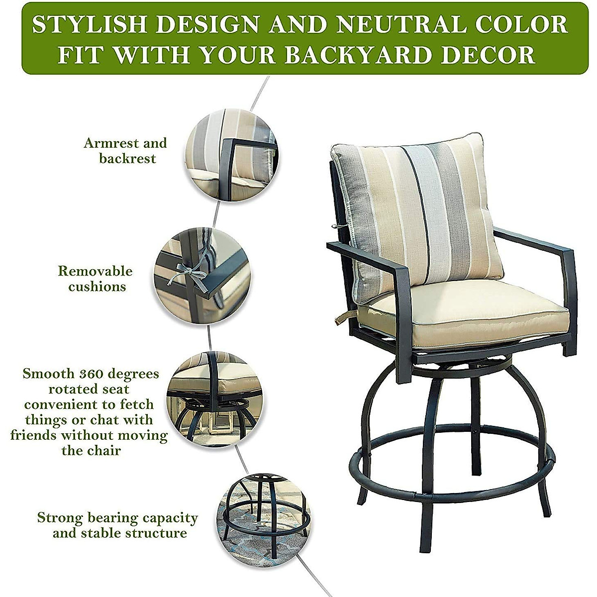 LOKATSE HOME Patio Bar Height Chairs, Outdoor Swivel Bar Stools Chairs with Seat and Back Cushions, High Swivel Armrest Bar Chair Set of 2