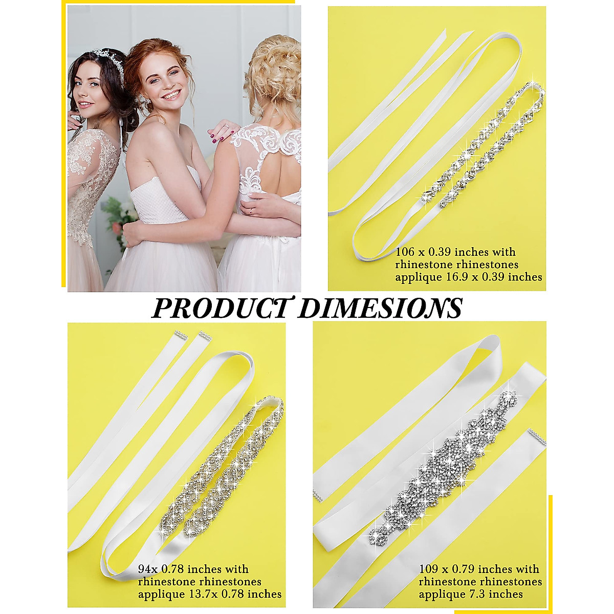 Jecery 3 Pieces Rhinestone Bridal Wedding Sash Belts Handmade Crystal Bridesmaid Sash for Formal Evening Dress Belts (White)