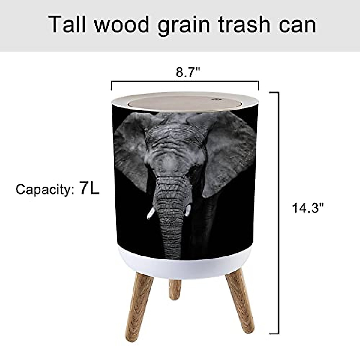 KCDCYCZEAL Small Round Trash Can Monochrome Portrait Elephant Recycle Bins with Press Top Lid Dog Proof Wastebasket for Kitchen Bathroom Bedroom Office 7L/1.8 Gallon