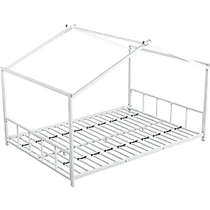 DNYN Full Size Montessori Floor Bed with Roof Design for Kids Bedroom,House Bedframe for Small Space,Easy Assembly & No Box Spring Needed, White
