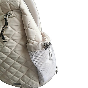 Light Beige Quilted Nylon Sling Bag for Women, Big Unisex Lightweight Everyday White Crossbody Travel Backpack with Hidden Pockets and Bottle Holder