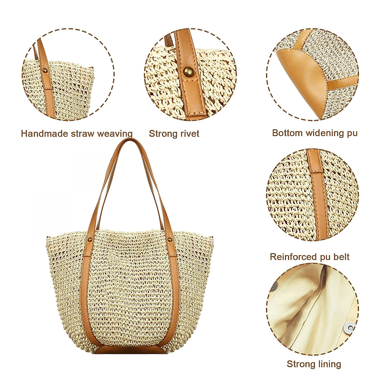 Gets Handmade Beach Bag for Women Straw Bag Handwoven Natural Summer Shoulder Bag (Beige)