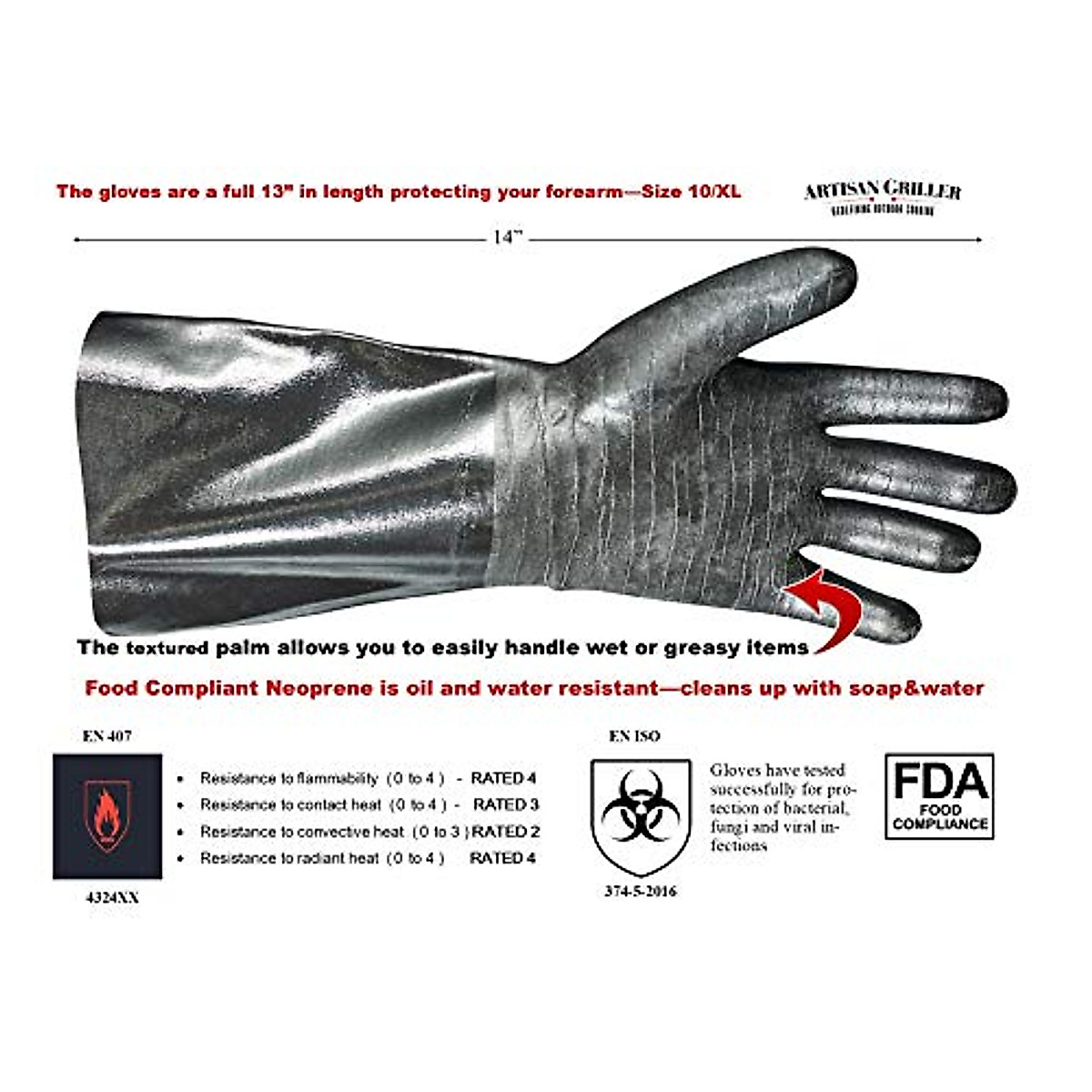 Artisan Griller BBQ & Smoker Gloves/Oven Mitt- Insulated Heat Resistant Grilling Fryer Kitchen Cooking Gloves. Great Barbecue Smoking Oyster Mitt–Long XL Waterproof, Oil and Fire resistant -(Size 10/XL – Black neoprene)