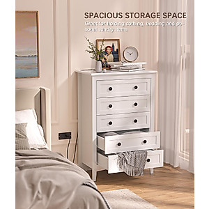 HAIOOU 5 Drawer Dresser for Bedroom, Large Storage Chest of Drawers Vertical Wooden Dresser Organizer with Power Outlets, Hidden Drawer Compartment for Living Room, Entryway - Modern White