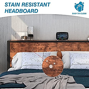 DUMEE Bed Frame Queen Size with Wood Storage Headboard, Metal Queen Platform Bed Frames, No Box Spring Needed, Noise Free, Black & Rustic Brown