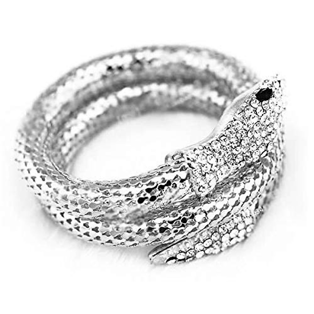 Mandy Xia Punk Rhinestone Curved Stretch Snake Animal Cuff Bangle Bracelet for Women Ladies Wristband Jewelry (Silver)