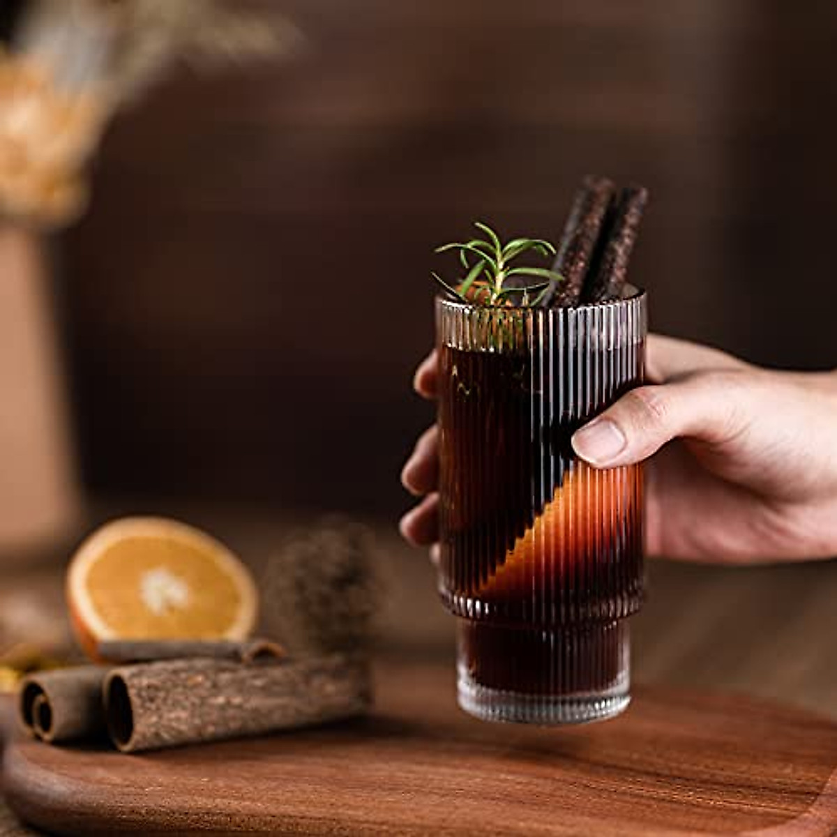 Gracenal Ribbed Glass Cups with Straws 12oz, Drinking Glasses Set of 4, Ribbed Glassware, Cocktail Glasses, Vintage Glassware, Whiskey Glasses, Coffee Bar Accessories, Iced Coffee Cups for Cute Gifts