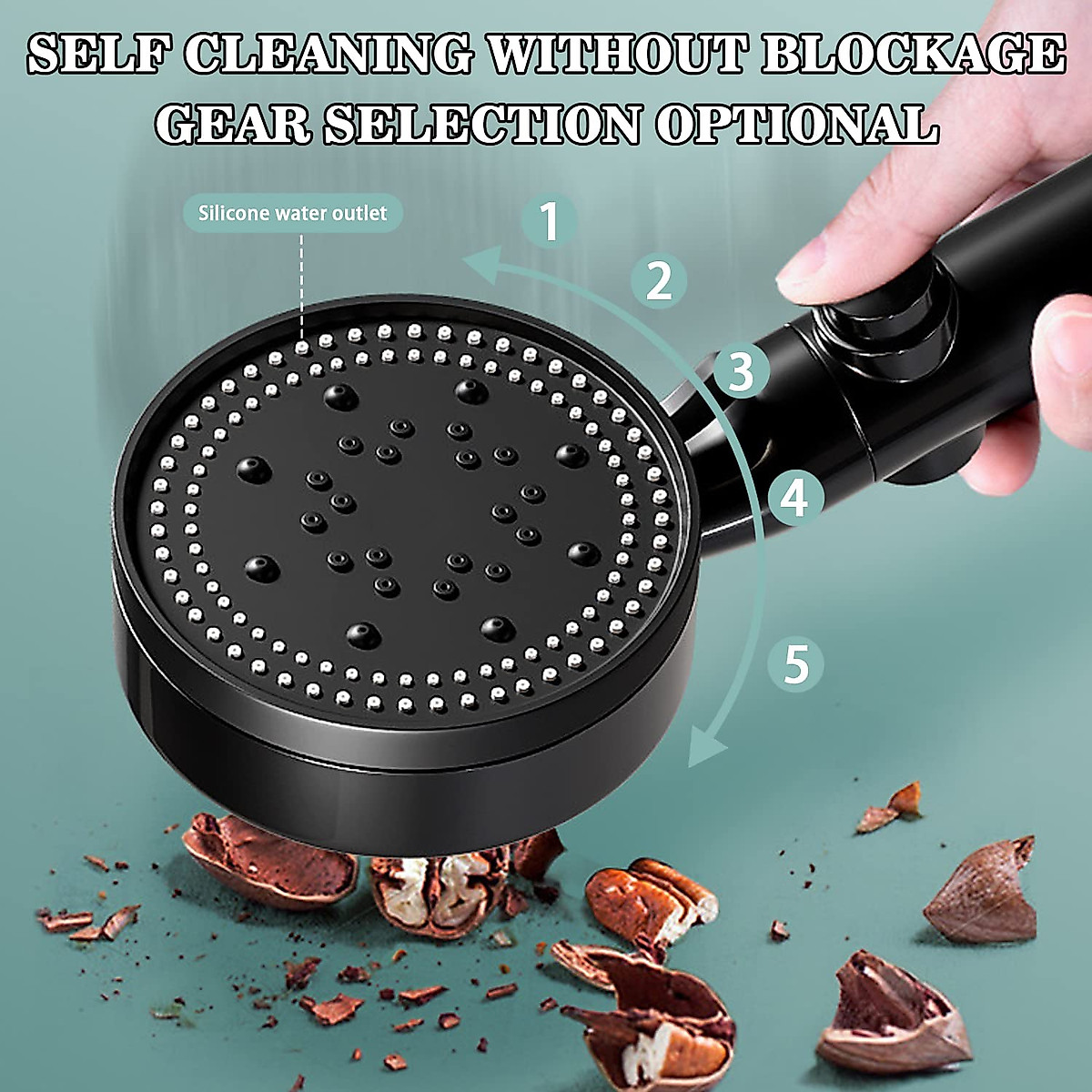 5 Functions Shower Head Shower Head with Handheld High Pressure-Full Body Coverage Powerful Rain Hard Water Softener Filtered Shower Head(Black)