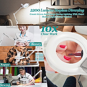 10X Desk Magnifying Glass with Light and Clamp, NUEYiO 2,200 Lumen Super Bright Stepless Dimming LED Lighted Magnifier, 8-Diopter Real Glass Lens, Adjustable Arm Magnifying Lamp for Craft Repair-White