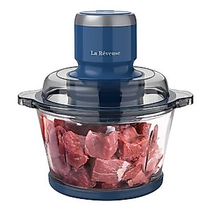 La Reveuse Food Processor,Electric Food Chopper with 7-Cup (1.7L) Glass Bowl, 4 Bi-Level Blades for Chopping,Grinding,Mincing,Whisking,Meal Prep,300W,Blue