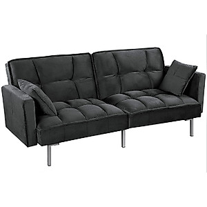 Container Furniture Direct Regal Convertible Sleeper Sofa Bed, Velvet Pull Out Couch with Mid-Century Style, Tufted Design and Metal Legs, Ideal for for Guests and Sleepovers, Black