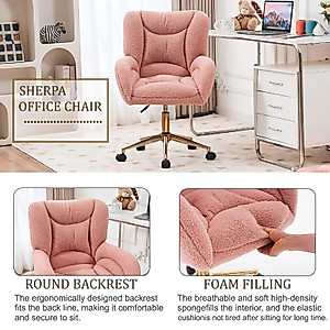 Anewome Swivel Office Desk Chair with Wheels Upholstered Sherpa Desk Modern Armchair Height Adjustable Computer Task Chair Boucle Makeup Vanity Desk with Gold Metal Frame, 38.2" H Pink