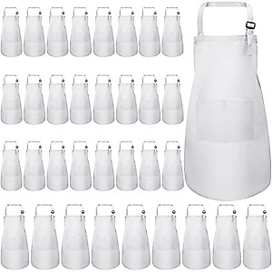 Handepo 35 Pcs Children Artists Aprons with Pockets Adjustable Chef Apron Kids Painting Aprons for Cooking Kitchen Grilling Painting (White, Age 7-13)