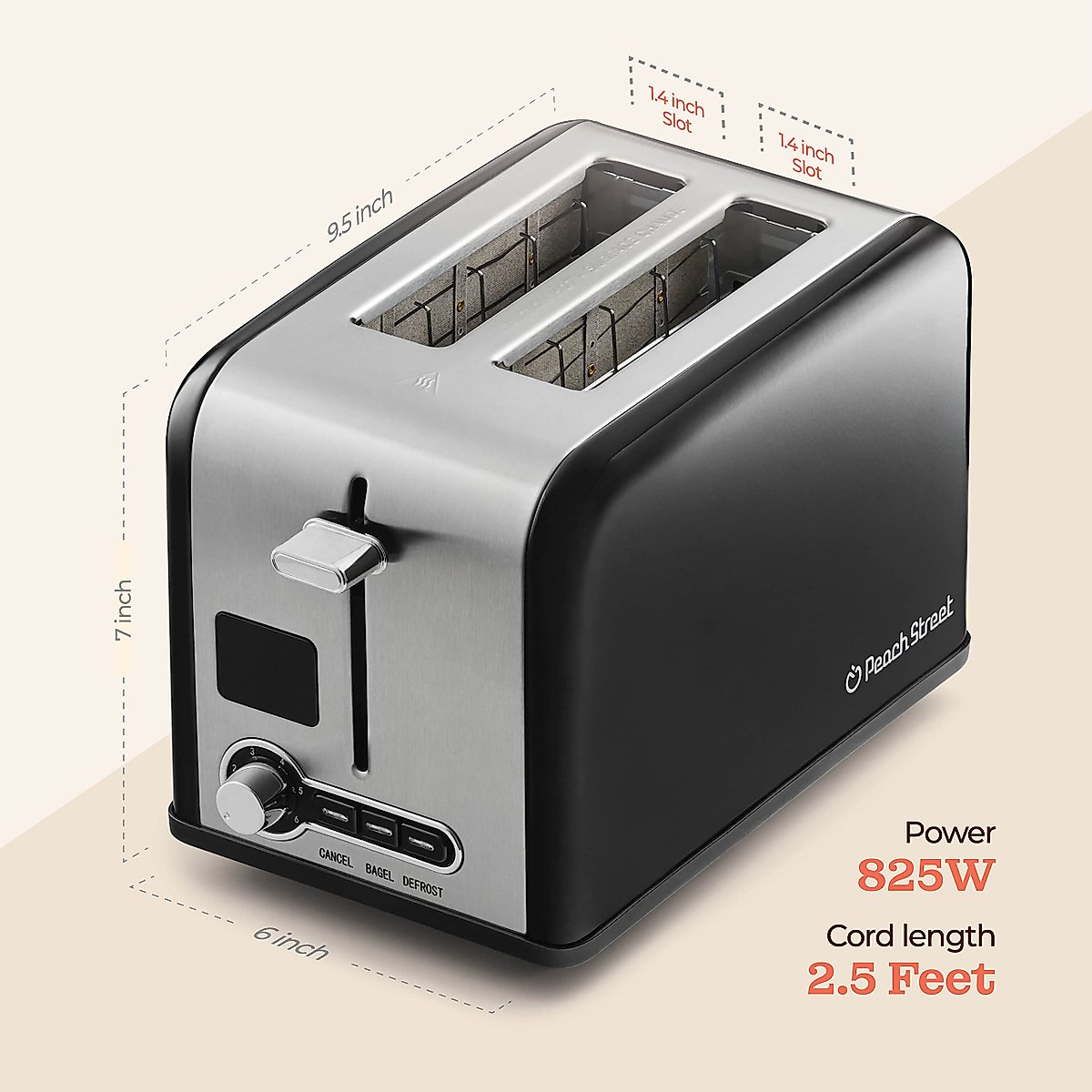 Peach Street 2 Slice Toaster Compact Bread Toaster with Digital Countdown, Wide Slots, Auto-Pop Stainless Steel, 6 Browning Levels, Removable Crumb Tray, with Defrost, Bagel, and Cancel Function