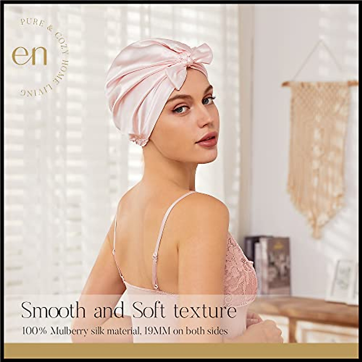 ennva 22 Momme 100% Silk Sleep Cap 2-Layered Night Hair Bonnet - Sleeping Cap for Curly Hair -Head Wrap for Maximum Moisture Pink