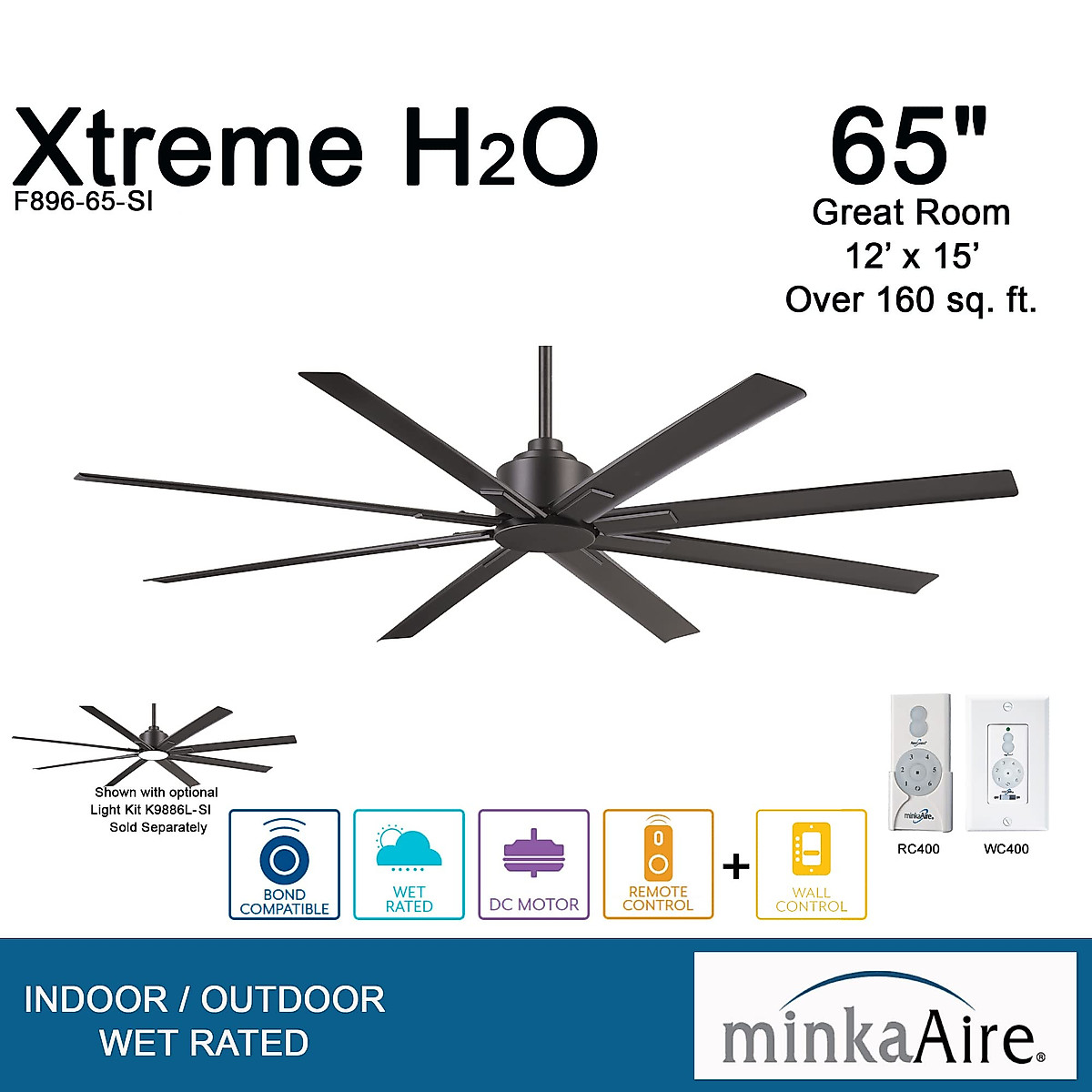 MINKA-AIRE F896-65-SI Xtreme H20 65" Outdoor Ceiling Fan with Remote and Wall Control, Smoked Iron Finish