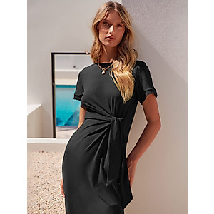 ANRABESS Women's 2025 Summer Maxi Tshirt Dress Short Sleeve Crewneck Tie Waist Casual Slim Fit Slit Spring Long Beach Dresses Black Large