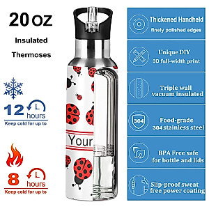 ZOEO Custom Water Bottle with Straw, Ladybug Childish Lid Thermos Kids Insulated Stainless Steel Water Flask Sports, 20 Oz Hot Cold