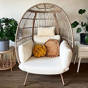 YITAHOME Egg Chair Wicker Outdoor Indoor, Oversized Lounger with 370lbs Capacity Large Egg Chairs with Stand Cushion Egg Basket Chair for Patio, Balcony, Bedroom - Beige