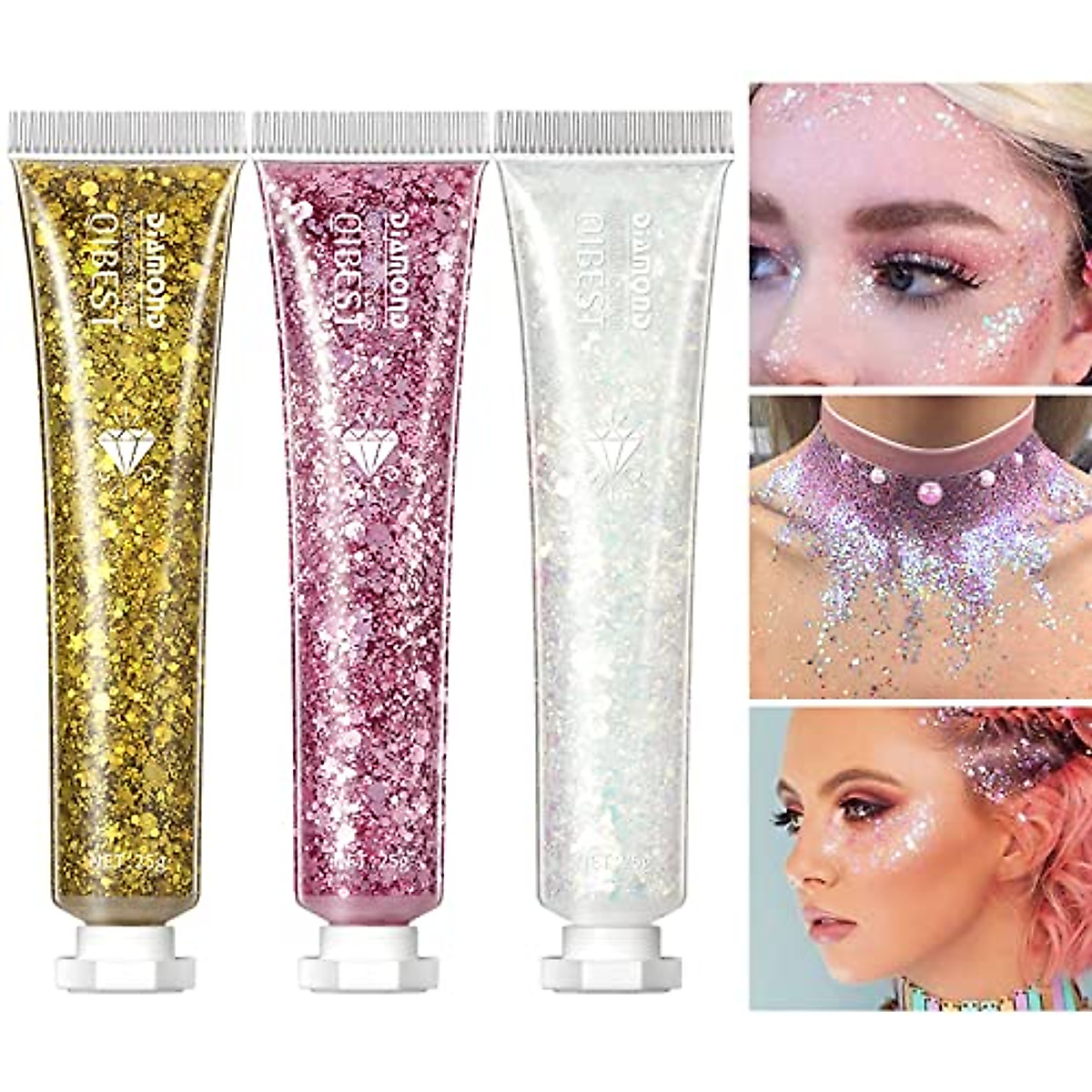 6 Pack Body Glitter Gel Face Glitter for Body, Face, Eye, Hair, Nails Glitter Makeup Liquid Long Lasting Sparkling Mermaid Chunky Glitter Gel for Festival Art Party Halloween (6 Color Sets)
