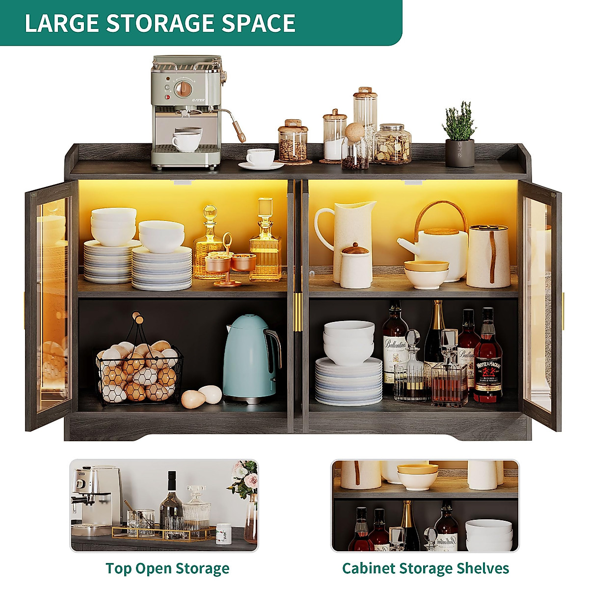 YITAHOME Coffee Bar Cabinet w/LED Light, 55'' Sideboard Buffet Cabinet with Storage with Adjustable Shelves, Storage Cabinet with 4 Doors for Kitchen, Living Room, Charcoal Grey