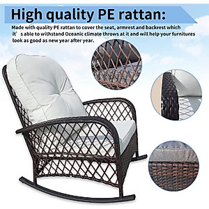 AZRBOPO Wicker Rocking Chair, Patio Rocking Armchair PE Rattan Outdoor Rocker with Soft Cushion Chair for Backyard, Porch Max Load 350LBS - Brown Wicker with White Cushions