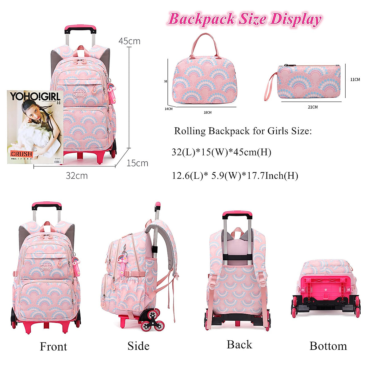Mfikaryi 3PCS Girls Rolling Backpack Elementary Student Schoolbag Travel Trolley Bag Wheeled Bookbag with Lunch Box