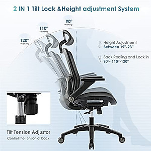 Ergonomic Mesh Office Chair, High Back Computer Executive Home Desk Chair with Headrest and 4D Flip-up Armrests, Adjustable Tilt Lock and Lumbar Support-Grey