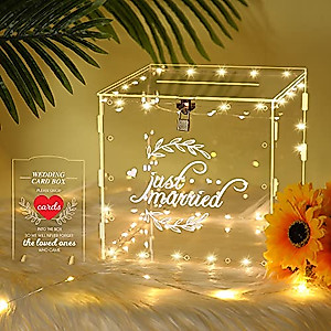 Meonum Acrylic Wedding Card Box for Reception Just Married Clear Wedding Card Holder with 8 Modes String Light and Card Sign, DIY Envelope Gift Card Container with Lock for Bridal Decoration