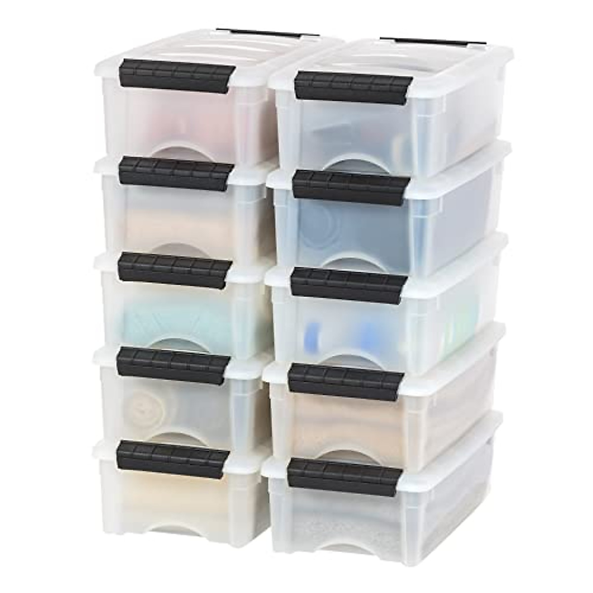 IRIS USA 6 Quart Stackable Plastic Storage Bins with Lids, 10 Pack - BPA-Free, Made in USA - Discreet Organizing Solution, Latches, Durable Nestable Containers, Secure Pull Handle - Pearl